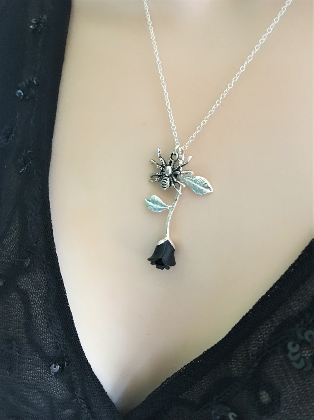 Black Spider Necklace, Black Rose Spider Necklace, Spider Jewelry - Etsy