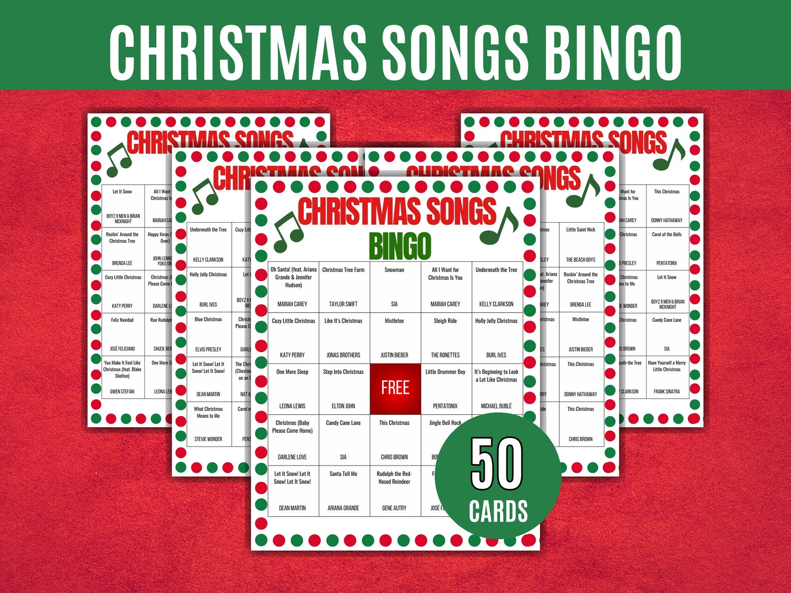 Christmas Song Bingo Printable, 50 Holiday Music Bingo Cards, Christmas ...