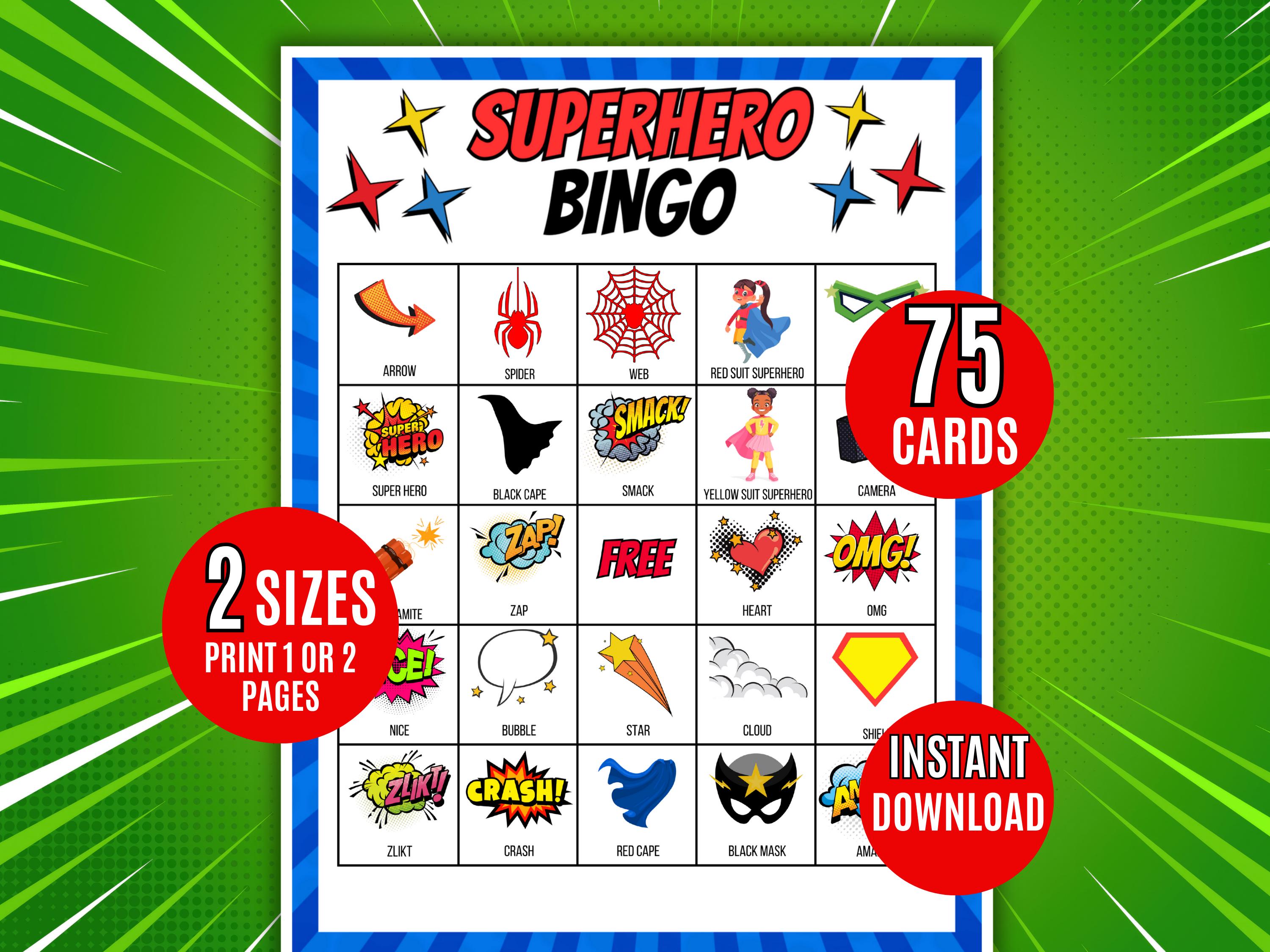 Superhero Bingo, 75 Superhero Bingo Cards, Superhero Birthday Game ...