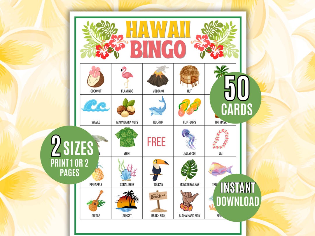 Hawaii Bingo, 50 Printable Luau Themed Bingo Cards, Luau Themed Kids ...
