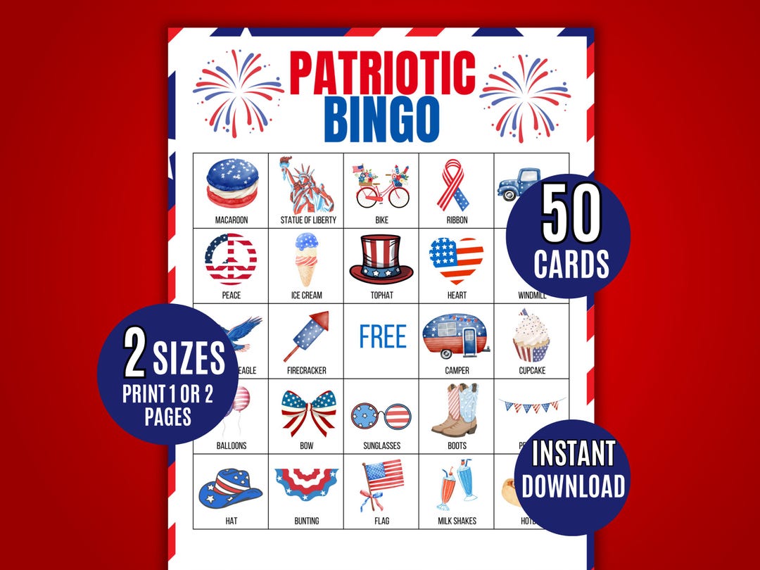 Patriotic Bingo, 50 Printable, Patriotic Bingo Cards, Kids Printable ...