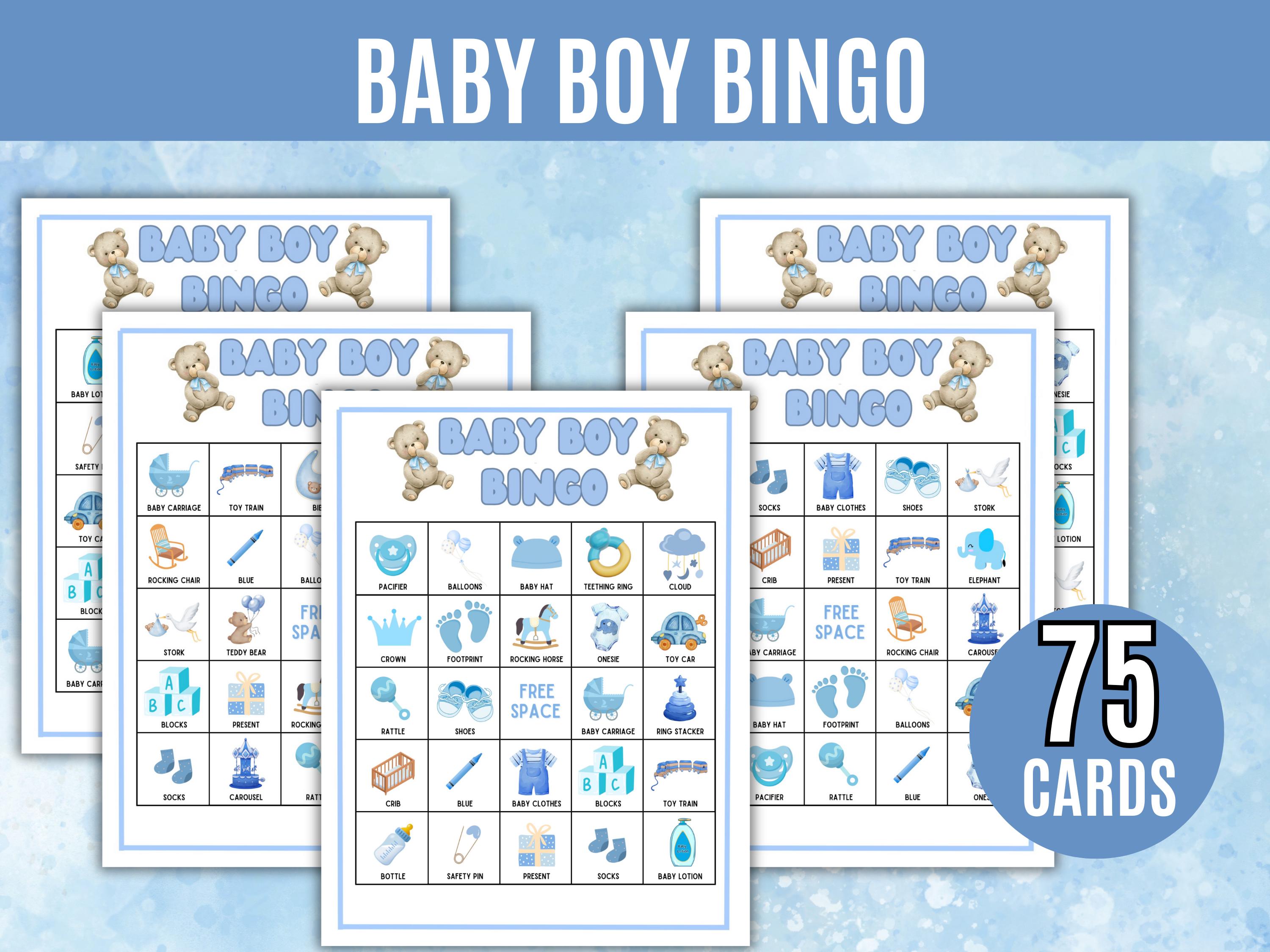 Baby Boy Bingo, 75 Baby Boy Bingo Game Cards, Baby Shower Bingo Game ...