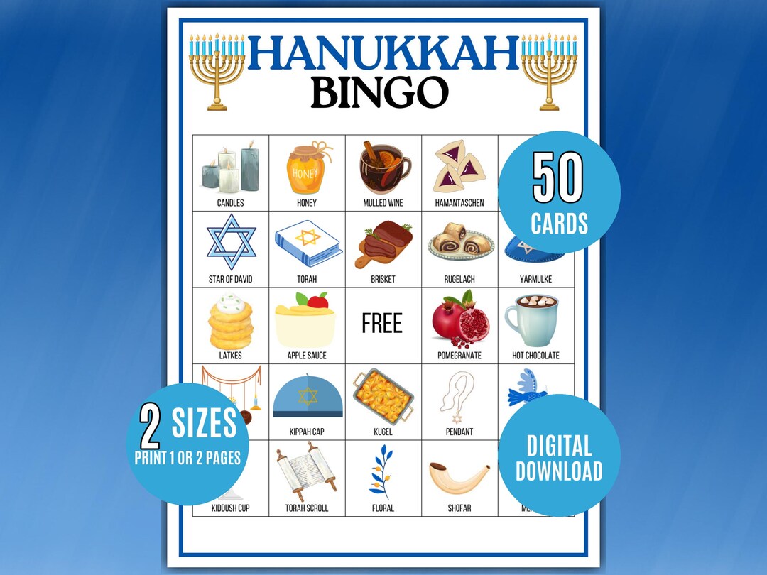 Hanukkah Bingo, 50 Printable Hanukkah Bingo Cards, Festival of Lights ...