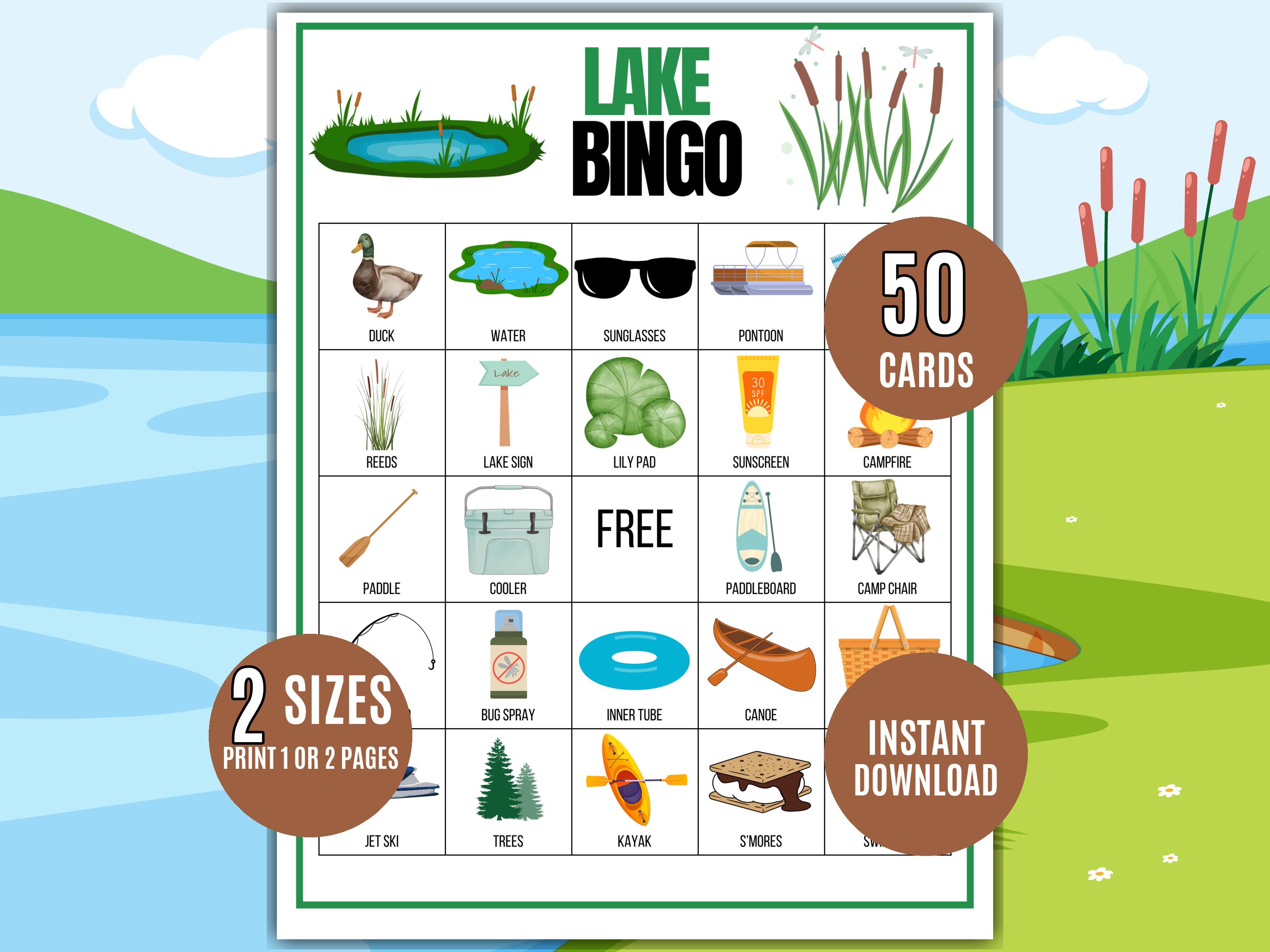 Lake Bingo Game: 50 Printable Cards, Family Vacation Activity (PDF ...
