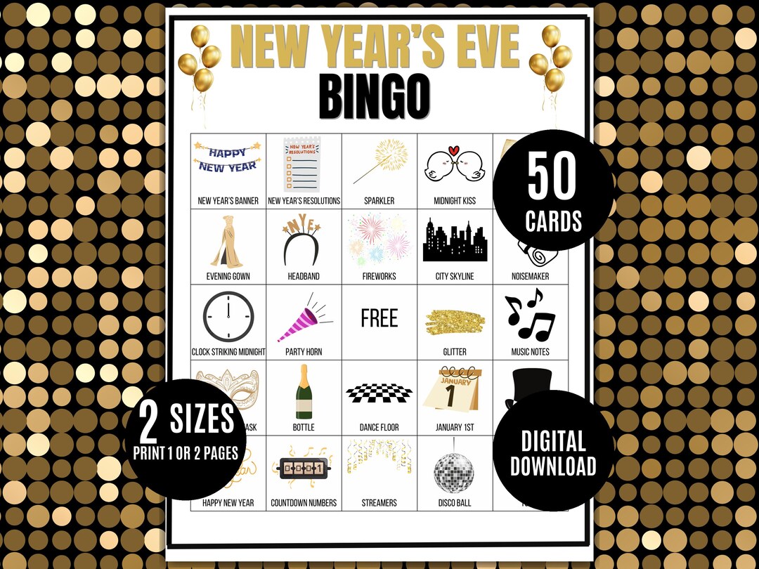 New Year’s Eve Bingo, 50 Printable Bingo Cards, New Year Party Game ...