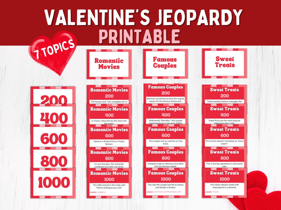 Valentine's Jeopardy Game, Printable Valentine Trivia, Valentine's ...