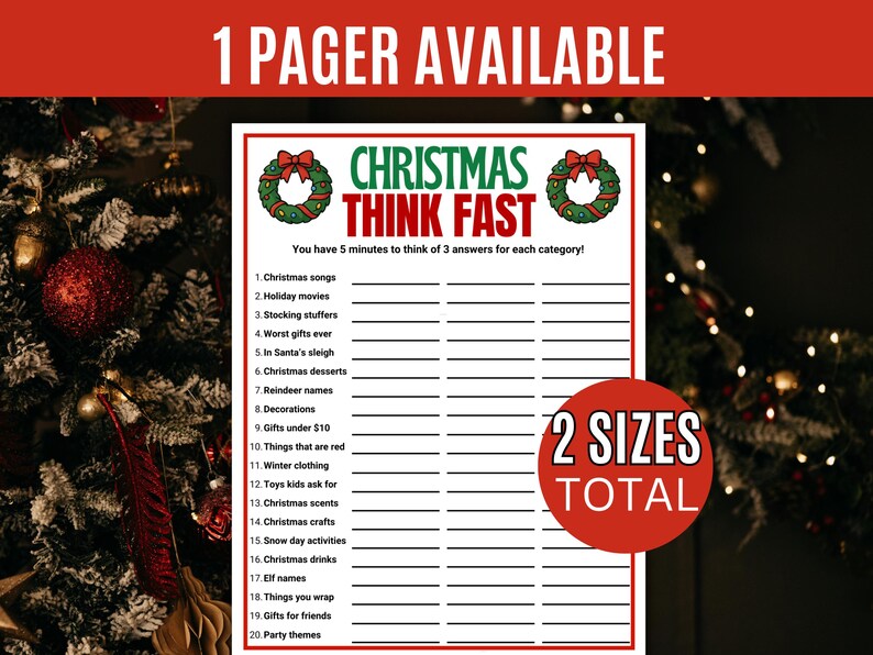Holiday Party Game, Think Fast Card, Christmas Printable Game, Party ...