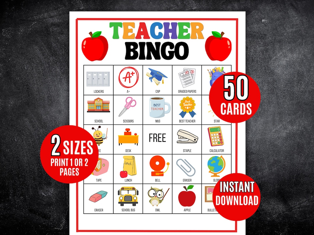 Teacher Bingo, 50 Printable Teacher Appreciation Bingo Cards, Kids ...