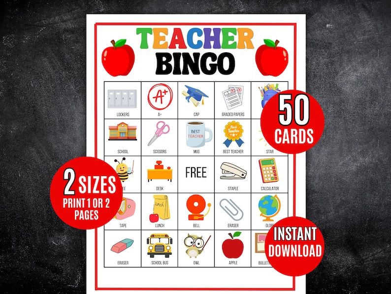 Teacher Bingo, 50 Printable Teacher Appreciation Bingo Cards, Kids ...