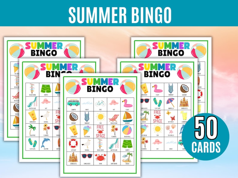 Summer Bingo, 50 Printable Beach Day Bingo Cards, Kids Printable ...