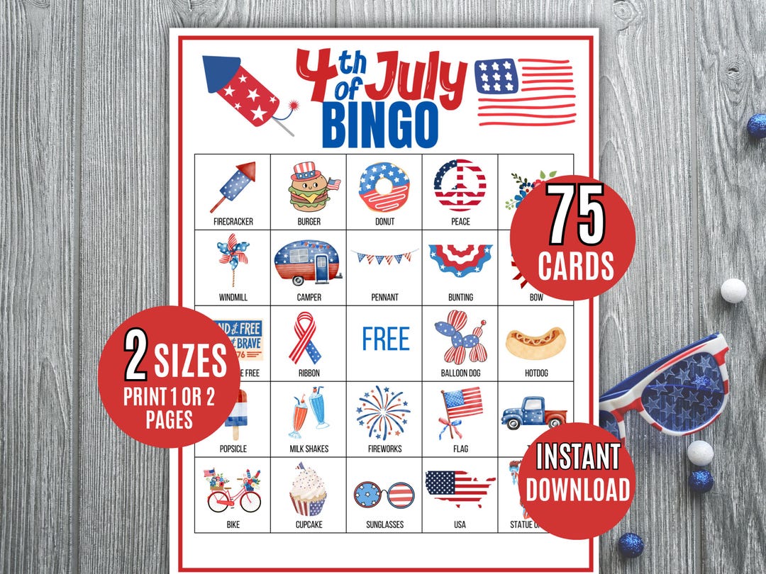 4th of July Bingo, 75 Printable 4th of July Bingo Cards, Kids Printable ...