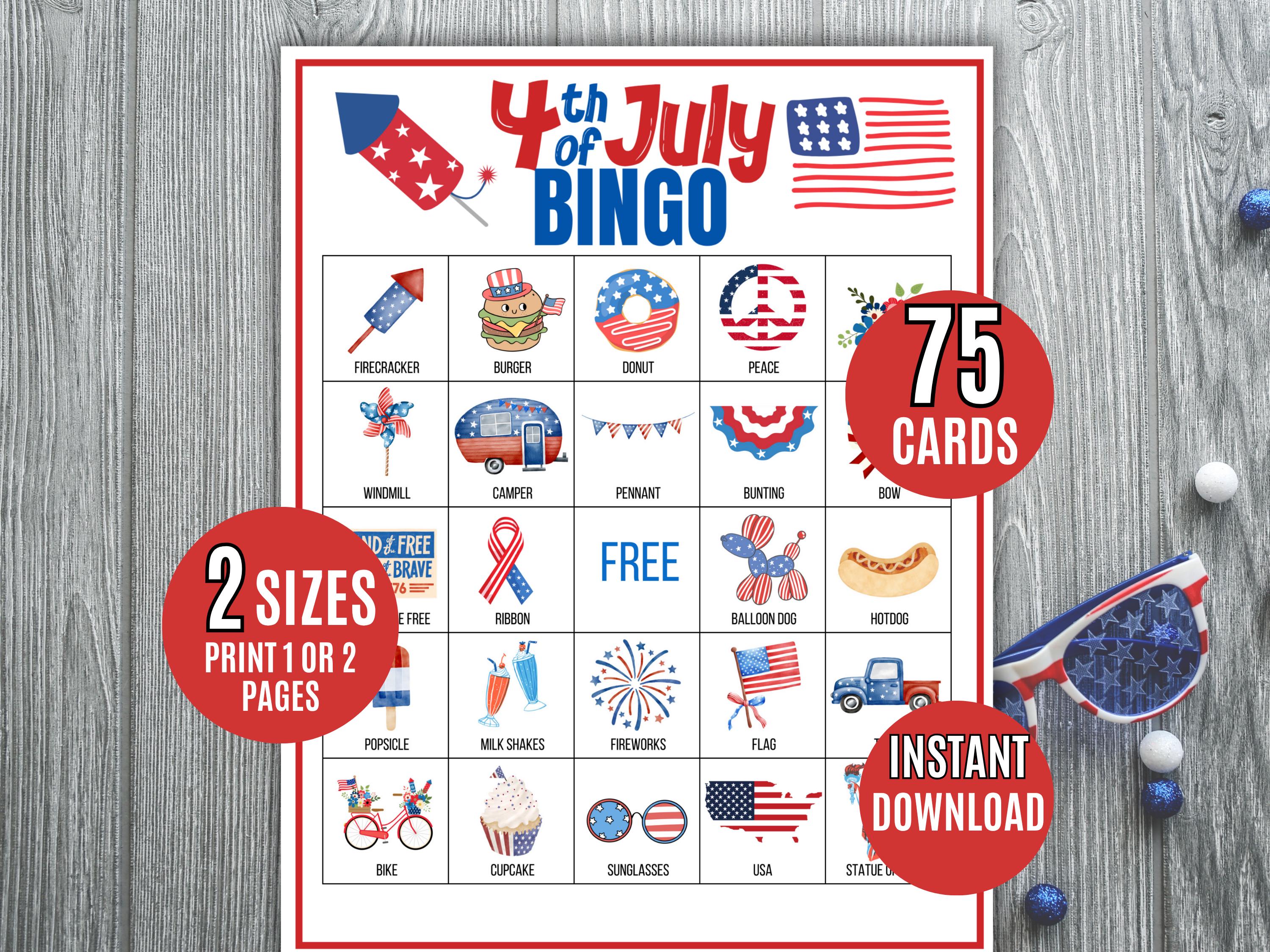 4th of July Bingo, 75 Printable 4th of July Bingo Cards, Kids Printable ...