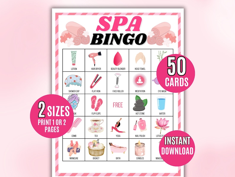 Spa Bingo, 50 Spa Bingo Cards, Spa Party, Spa Game, Spa Birthday Party ...