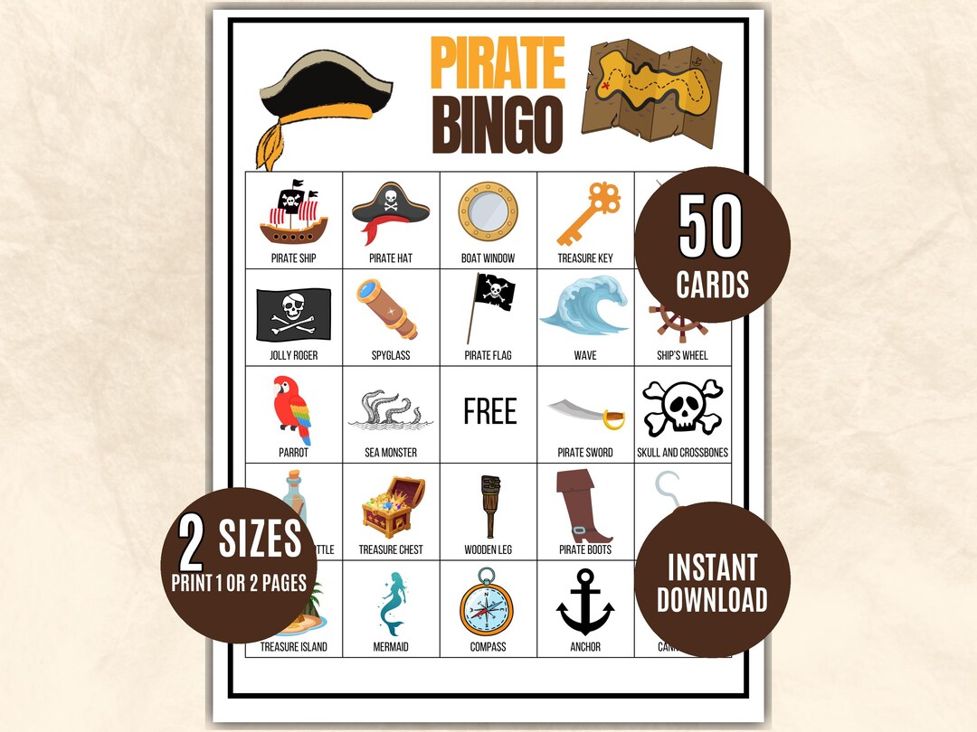 Pirate Bingo Game: 50 Unique Cards, Treasure Hunt Party (PDF Printable ...