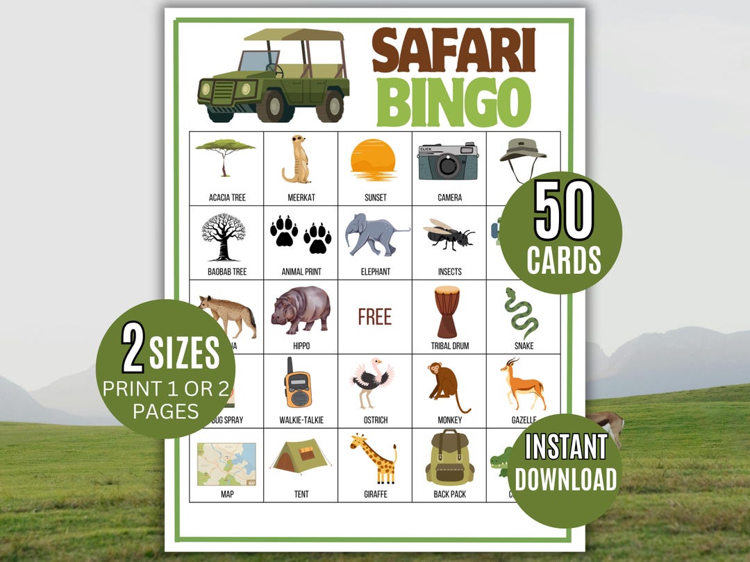 Safari Bingo, 50 Printable Safari Bingo Cards, Jungle Adventure Game ...