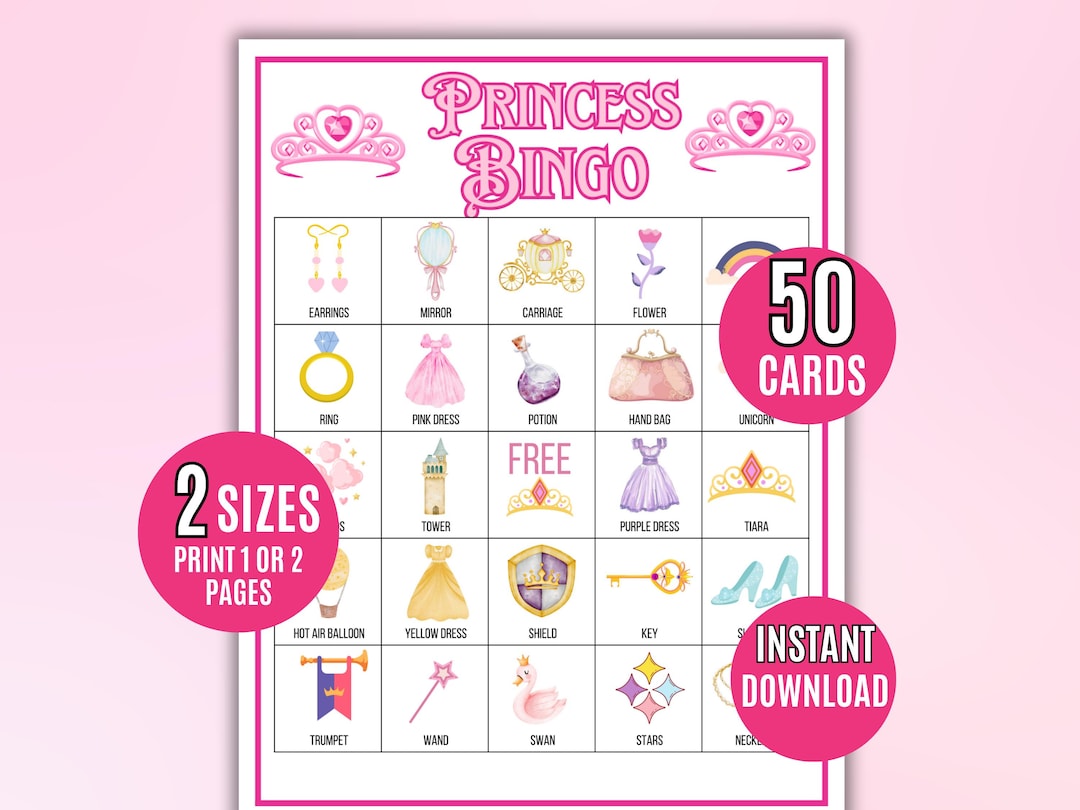 Princess Bingo, 50 Printable Princess Bingo Printable Cards, Princess ...