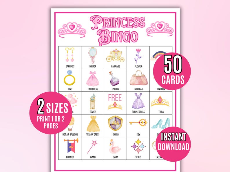 Princess Bingo, 50 Printable Princess Bingo Printable Cards, Princess ...