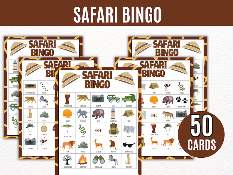 Safari Bingo Printable Game, 50 Jungle Animal Bingo Cards, Zoo Party ...