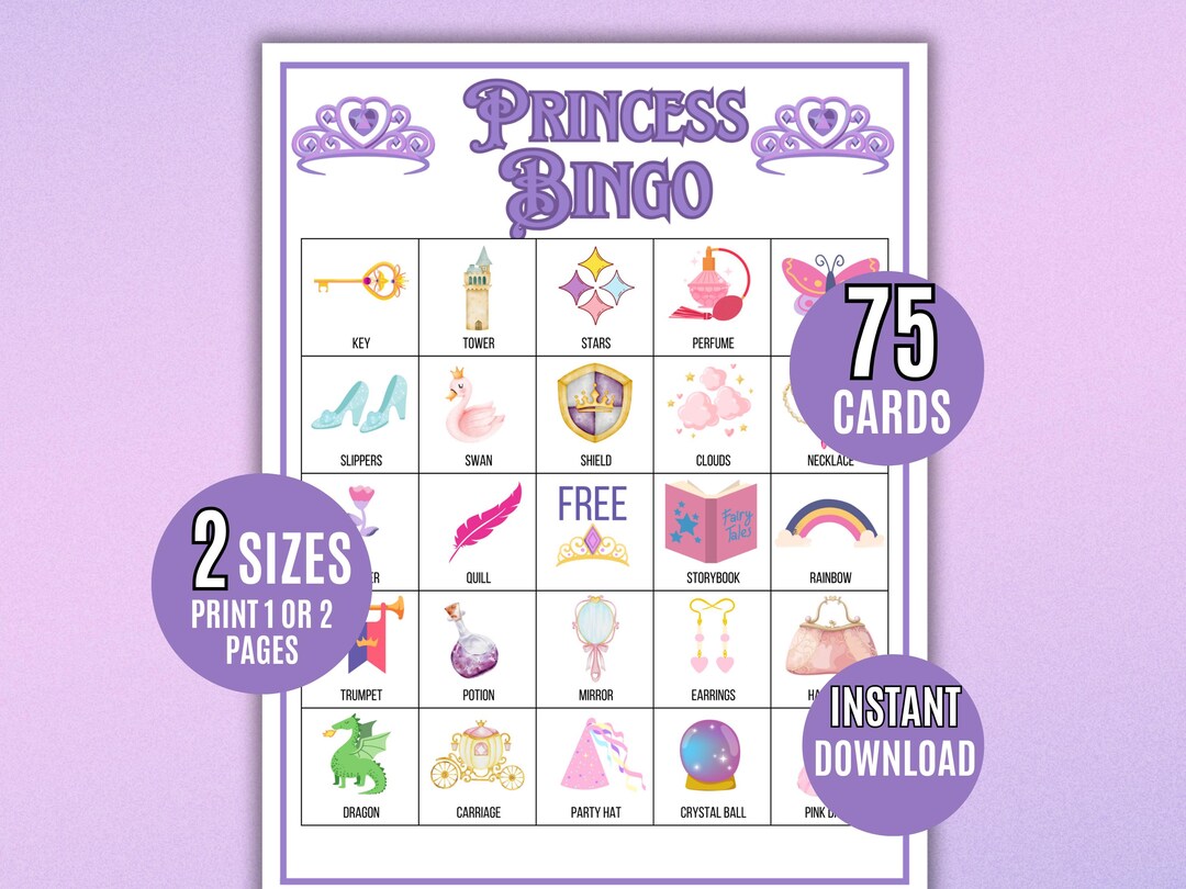 Princess Bingo, 75 Printable Purple Princess Bingo Cards, Princess ...