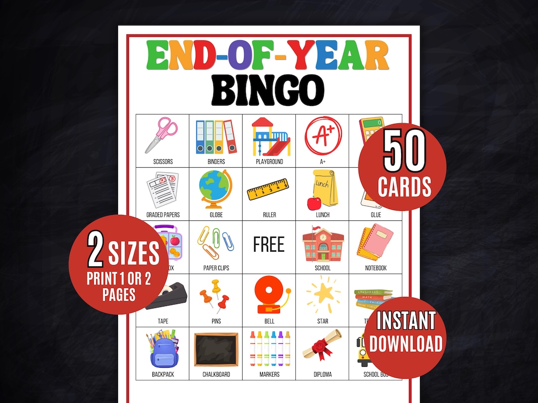 End of Year Bingo, 50 Printable Bingo Cards, Kids Printable, School ...