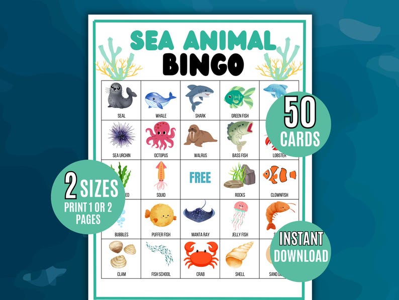 Sea Animal Bingo, 50 Printable Sea Animal Bingo Cards, Sea Animal Party ...