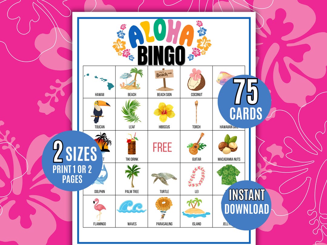 Aloha Bingo, 75 Printable Hawaii Themed Bingo Cards, Luau Themed Kids ...