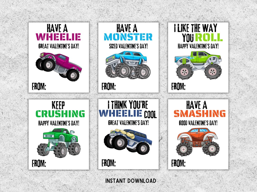 Monster Truck Kids Valentines Cards Printable, Boy Valentine Cards ...