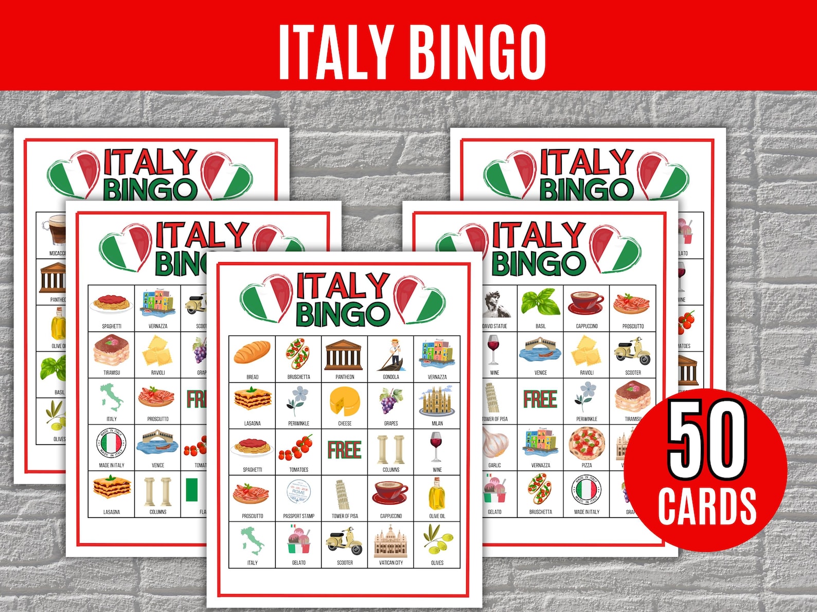 Italy Bingo, 50 Italy Vacation Travel Bingo Cards, Travel Bingo Game ...