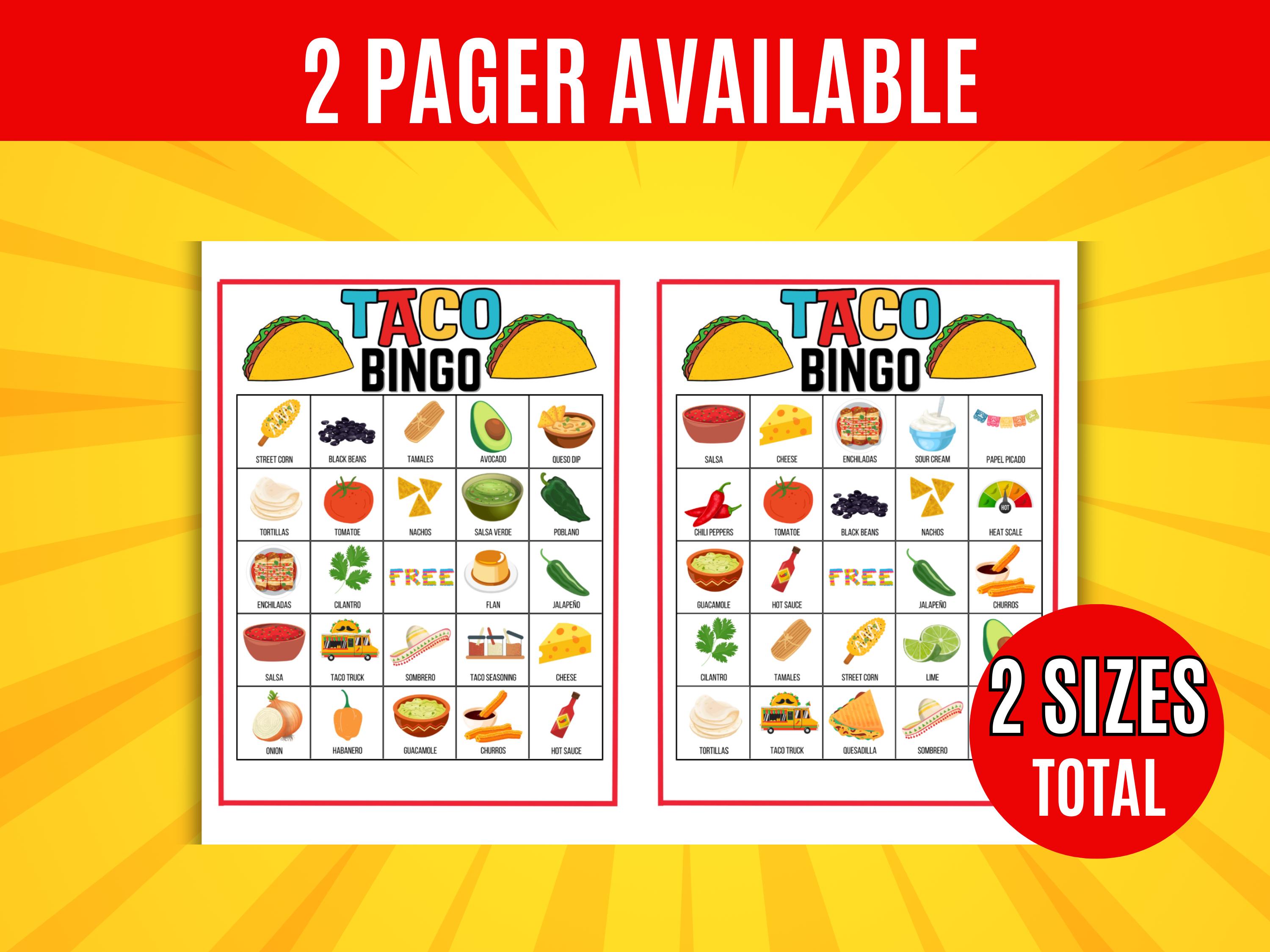 Taco Bingo, 50 Printable Taco Bingo Cards, Taco Activity for Kids, Taco ...
