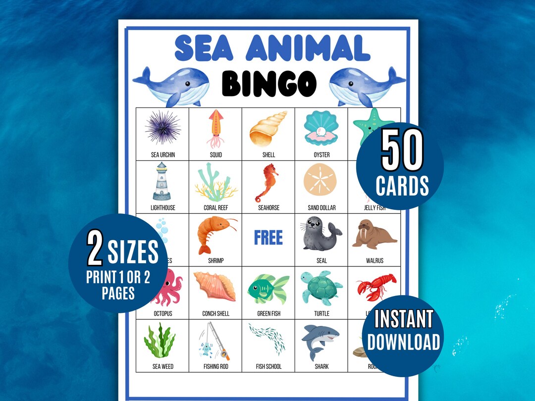 Sea Animal 50 Page Bingo, Sea Animal Bingo Cards, Sea Animal Party Game ...