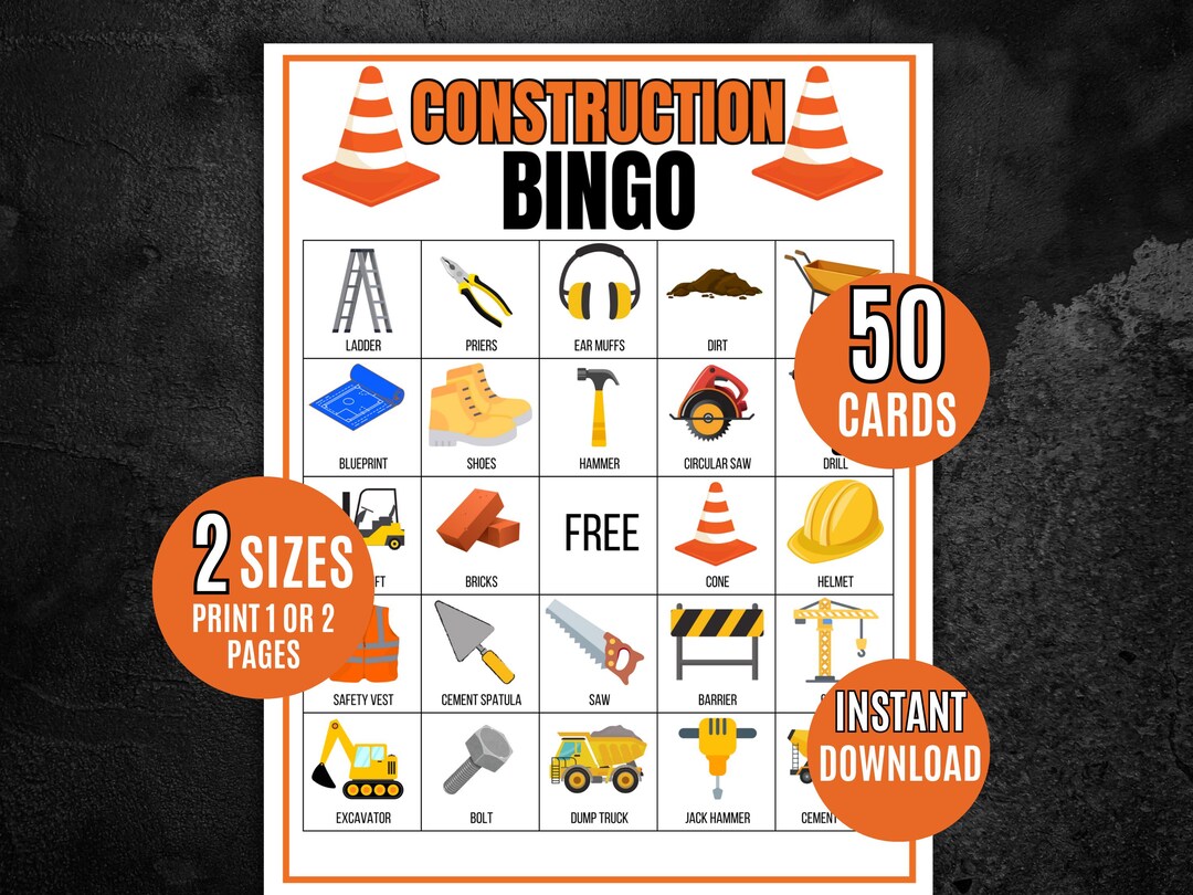 Construction Bingo, 50 Printable Construction Bingo Cards, Construction ...