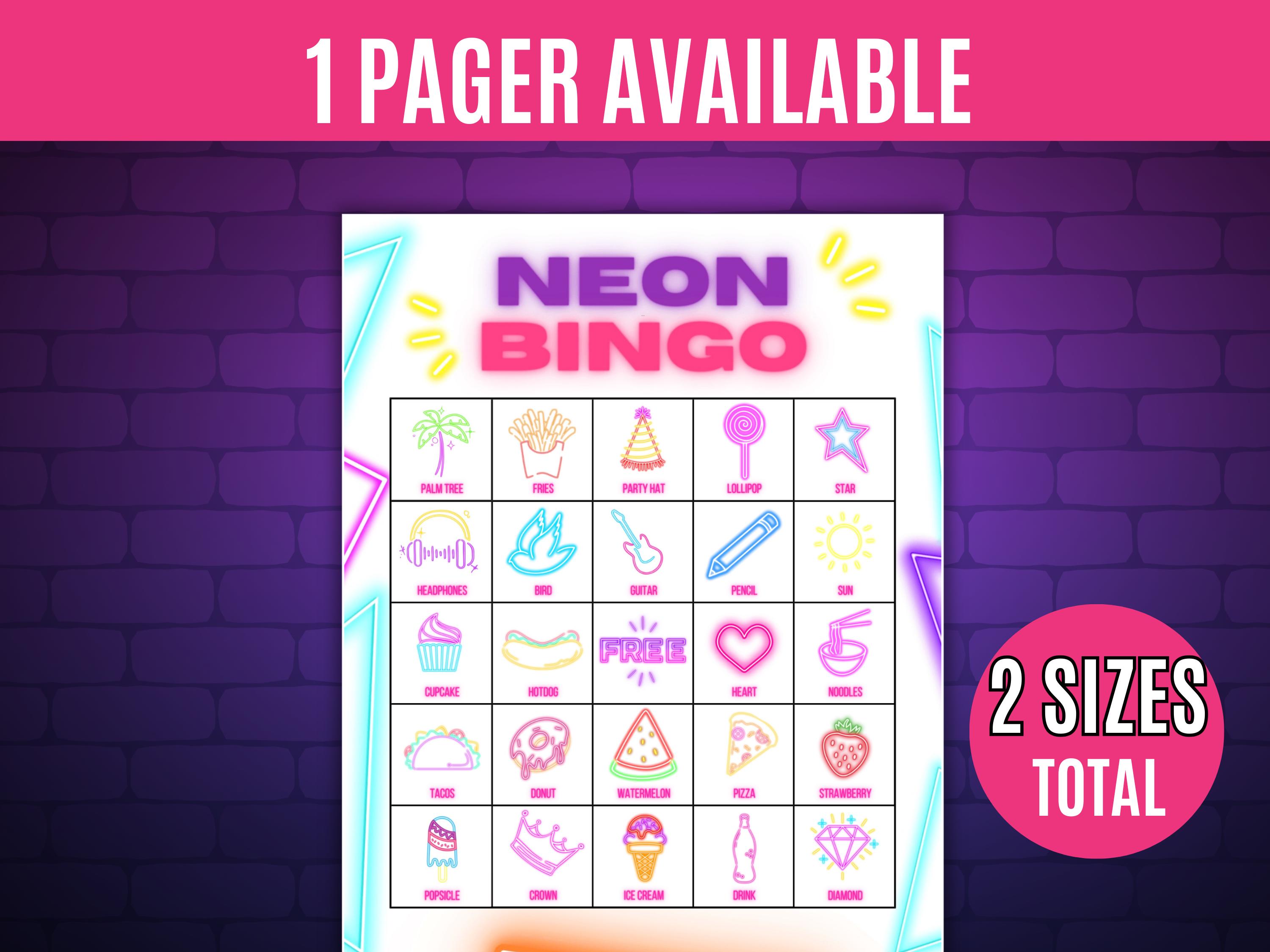 Neon Bingo, 50 Printable Neon Bingo Cards, Neon Birthday, Birthday ...