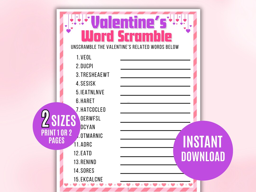 Valentine's Day Word Scramble, Fun Valentine's Activities, Valentine's ...