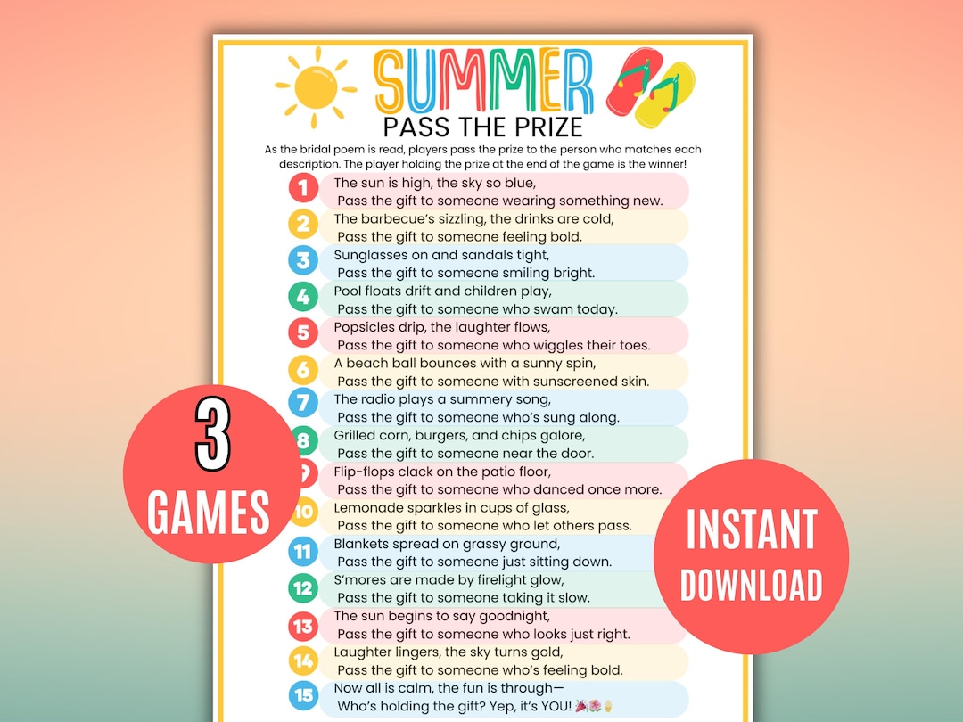 Summer Pass the Prize Games, Summer Left Right Game, Summer Baby Shower ...