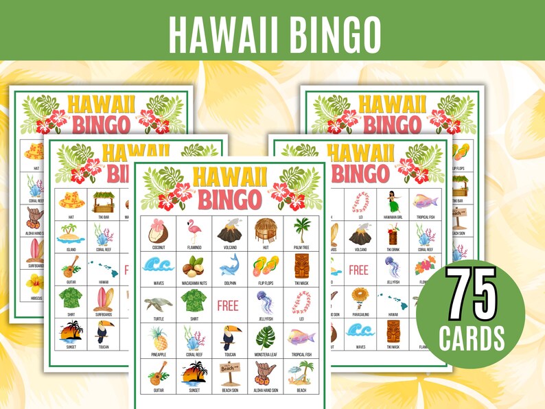 Hawaii Bingo, 75 Printable Luau Themed Bingo Cards, Luau Themed Kids ...
