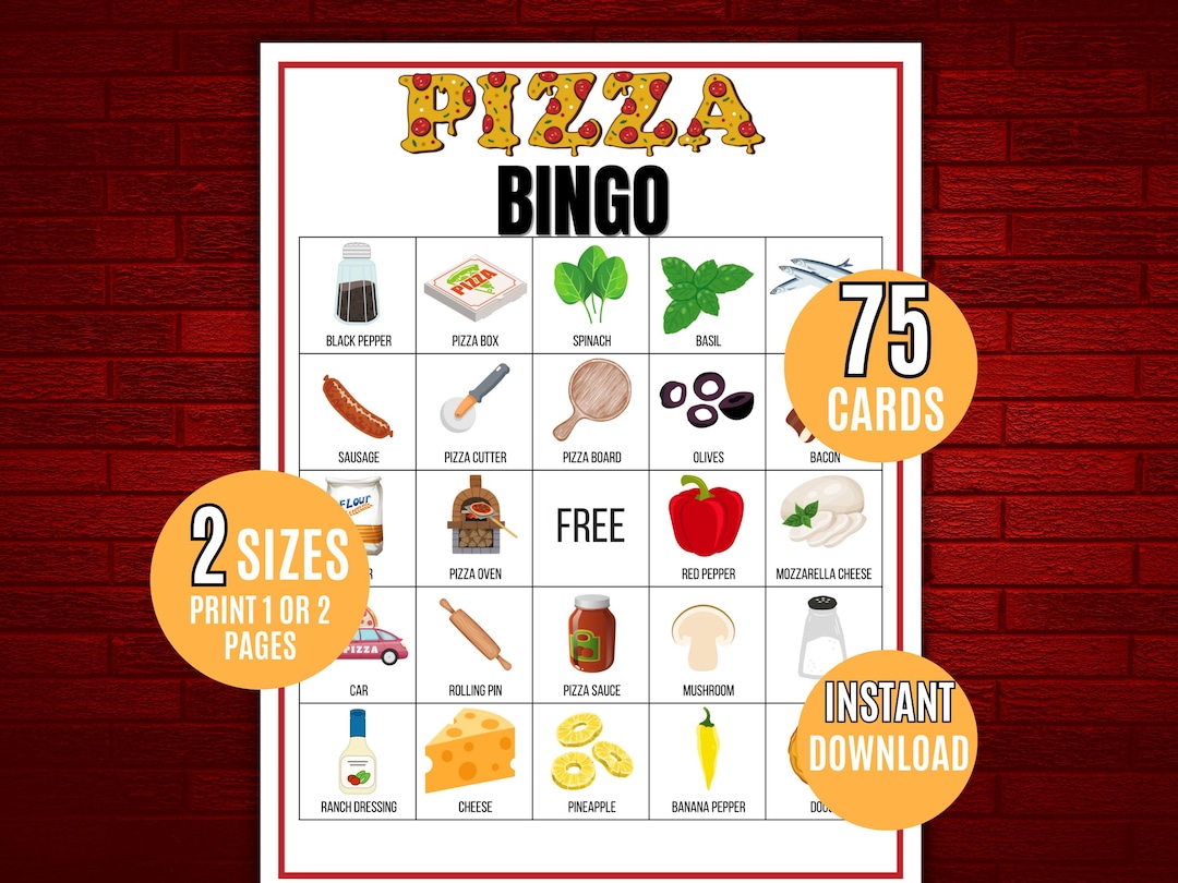 Pizza Bingo, 75 Printable Pizza Party Bingo, Pizza Themed Bingo Cards ...
