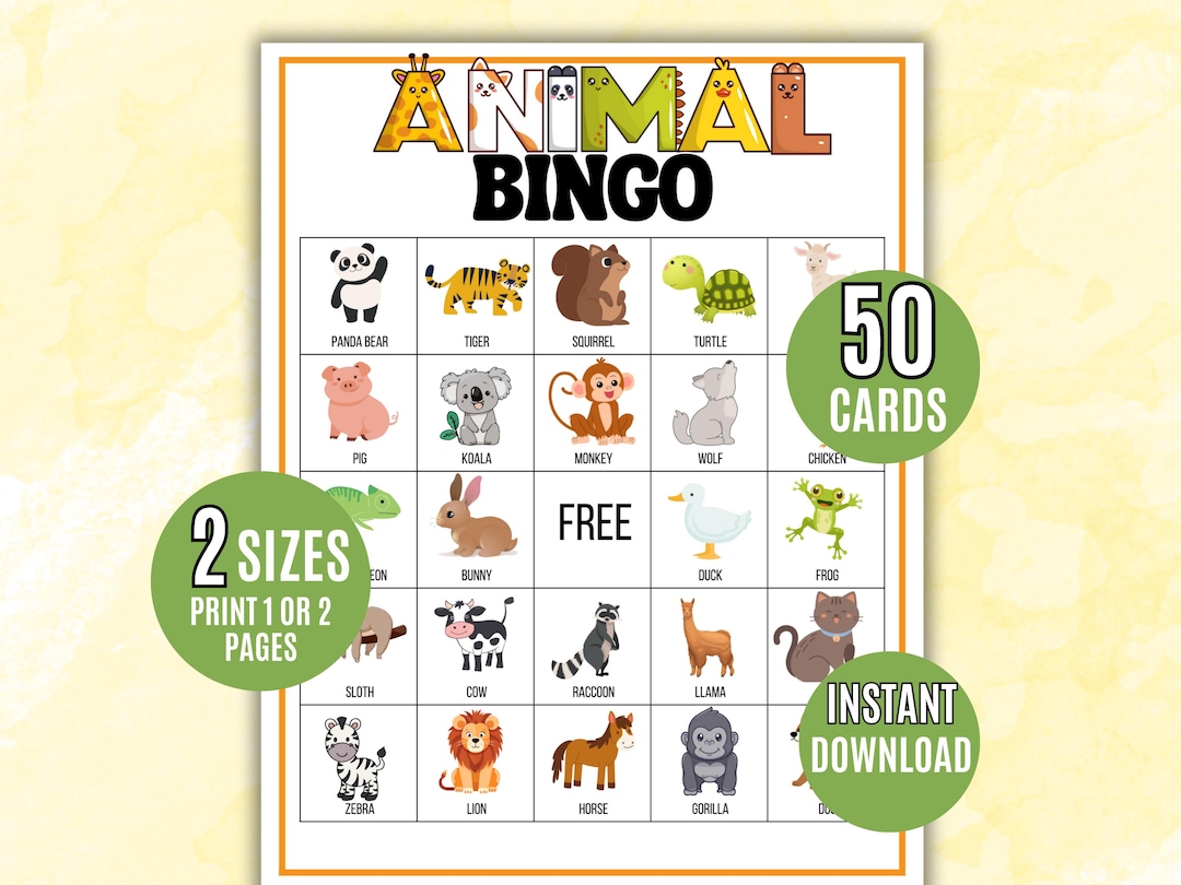 Animal Bingo Game, 50 Animal Bingo Cards Printable, Kids Printable, Zoo ...