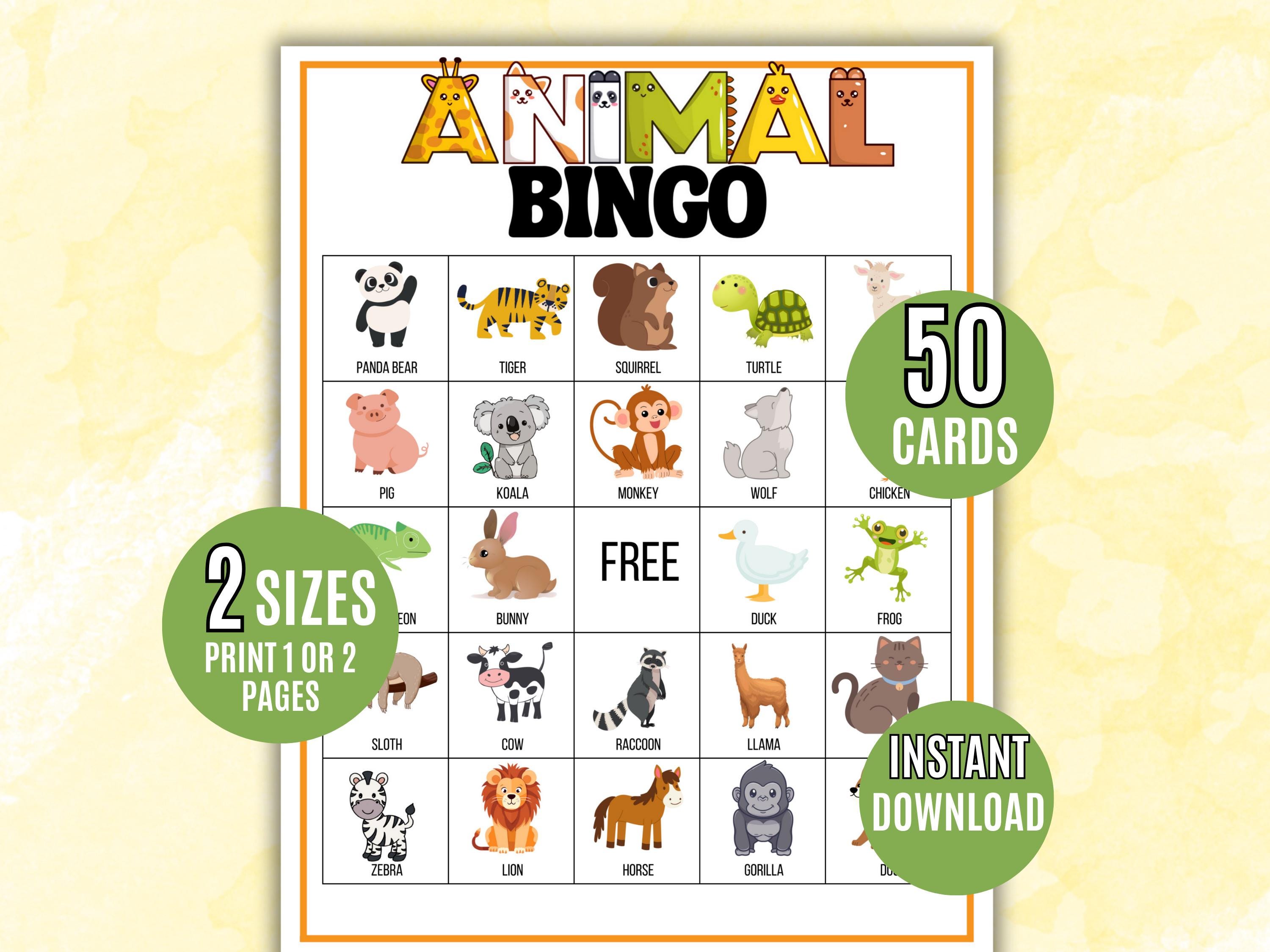 Animal Bingo Game, 50 Animal Bingo Cards Printable, Kids Printable, Zoo ...