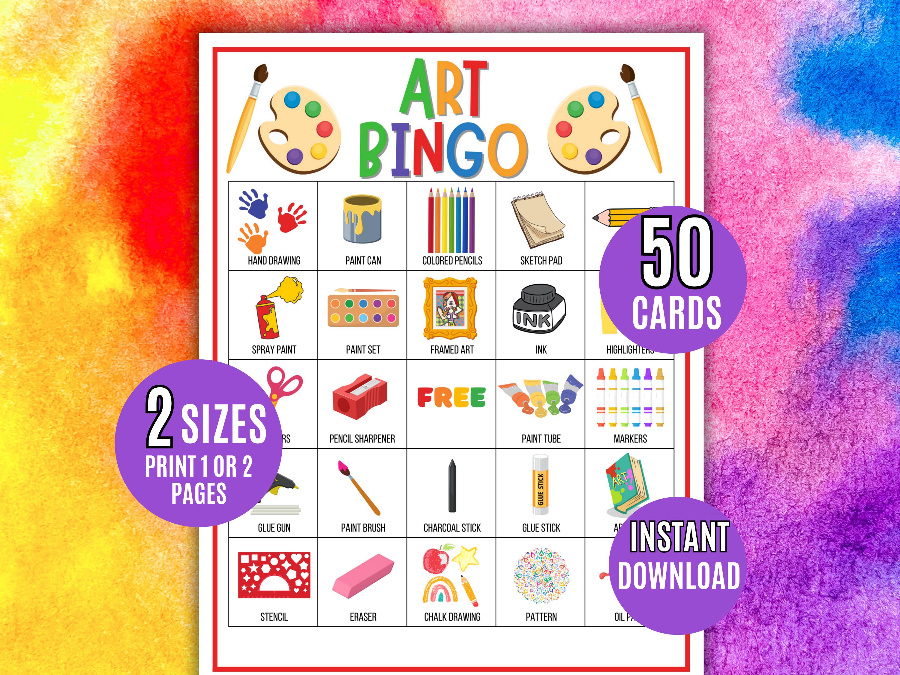 Art Bingo, 50 Printable Art Themed Bingo Cards, Kids Printable, Paint ...