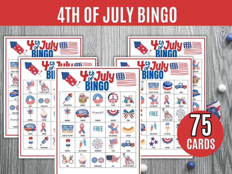 4th of July Bingo, 75 Printable 4th of July Bingo Cards, Kids Printable ...