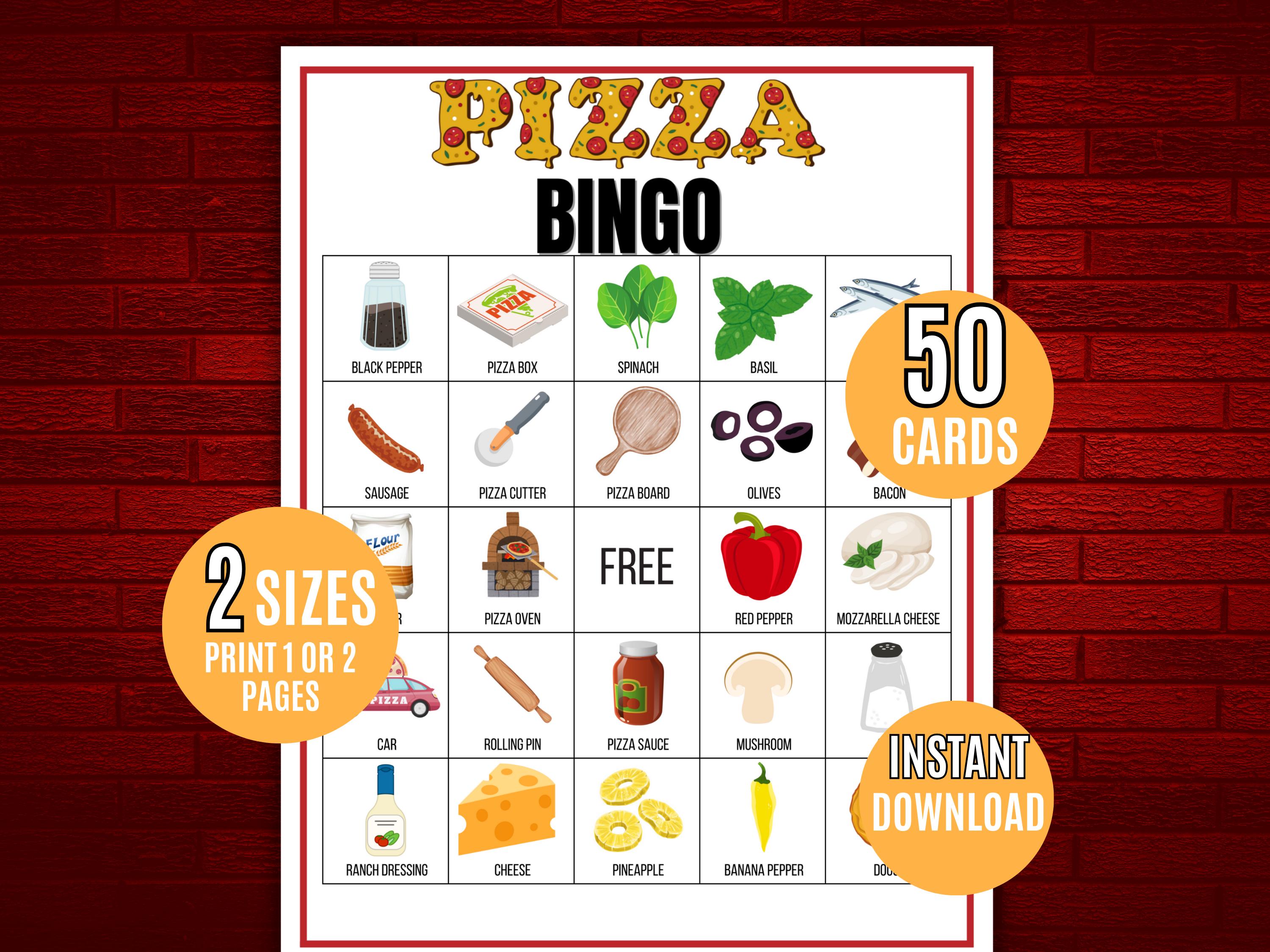 Pizza Bingo, 50 Printable Pizza Party Bingo, Pizza Themed Bingo Cards ...