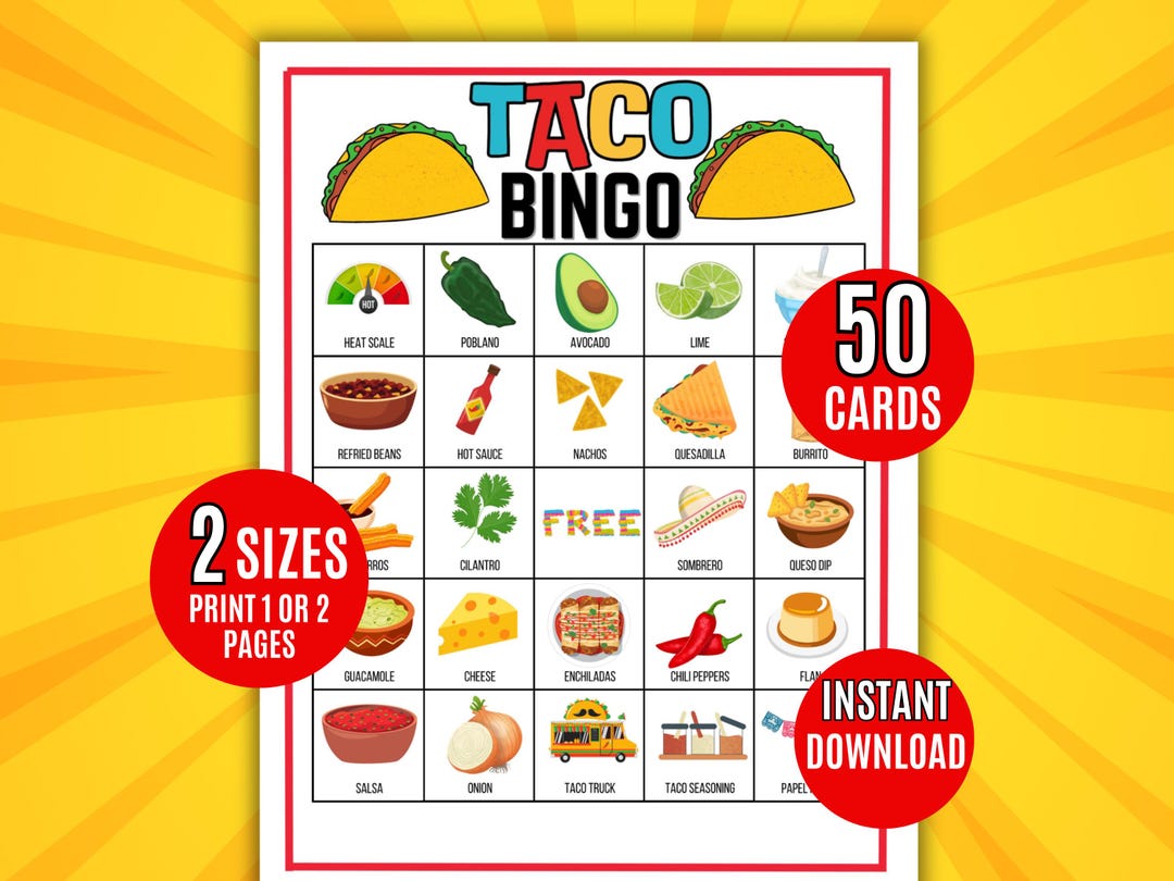 Taco Bingo, 50 Printable Taco Bingo Cards, Taco Activity for Kids, Taco ...
