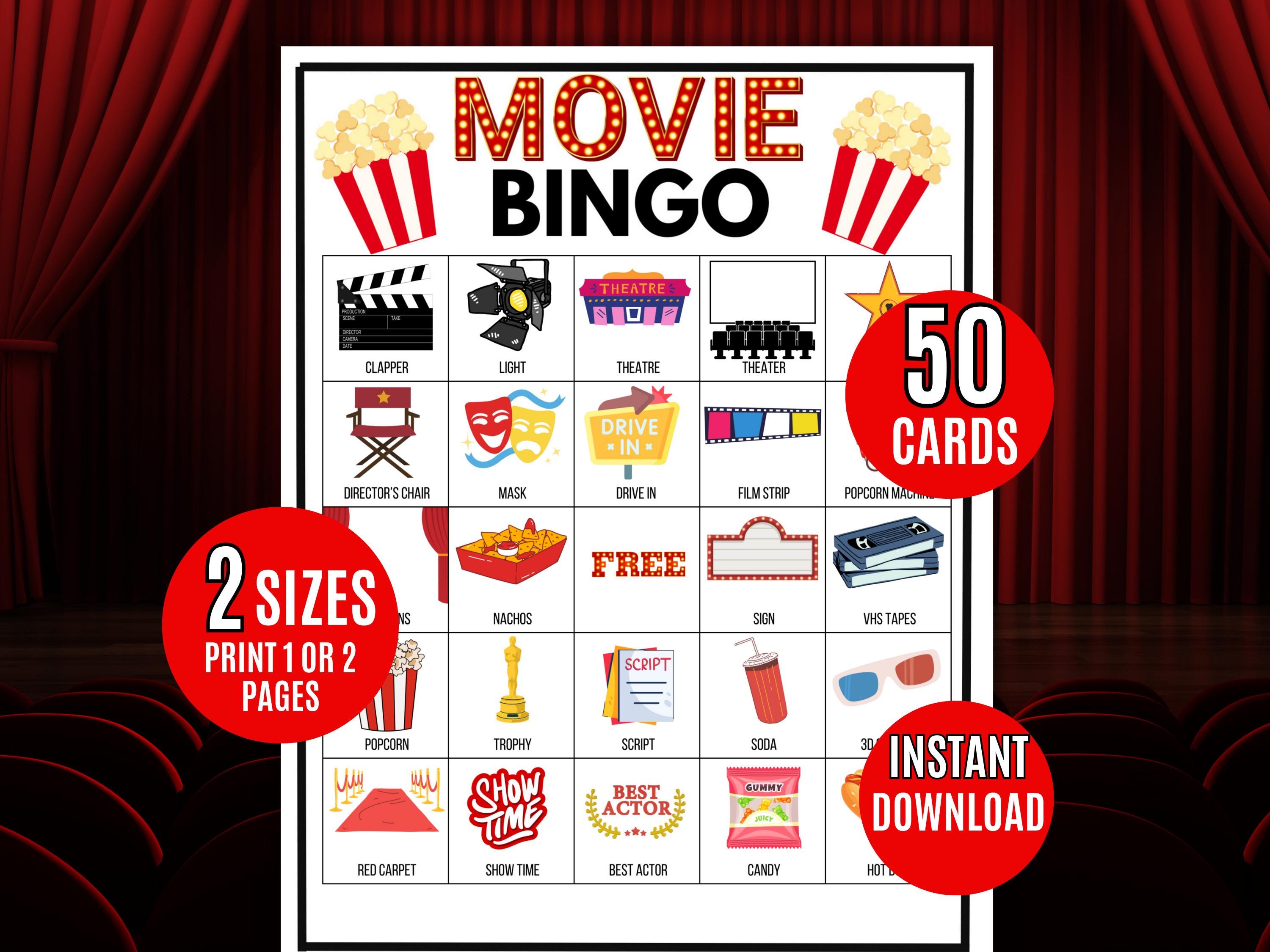 Movie Bingo, 50 Movie Bingo Cards, Movie Night Activity Bingo, Cinema ...