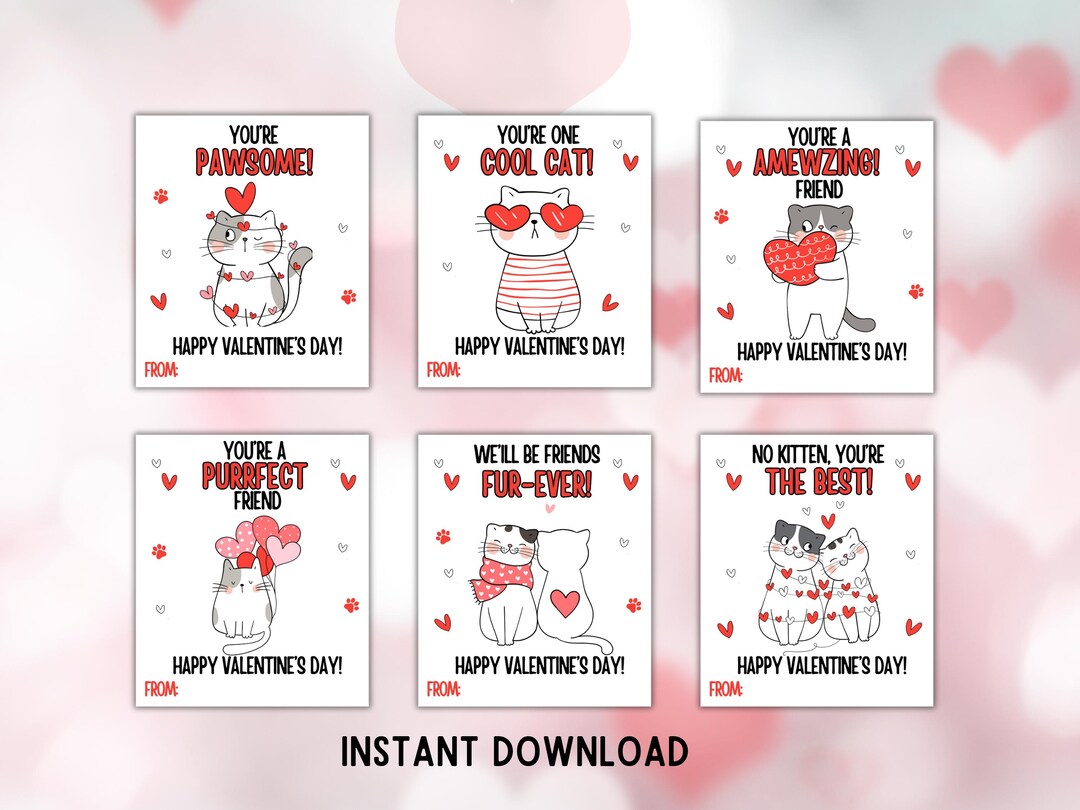 Cat Valentines Day Cards, Classroom Kids Valentine Cards, Kids ...