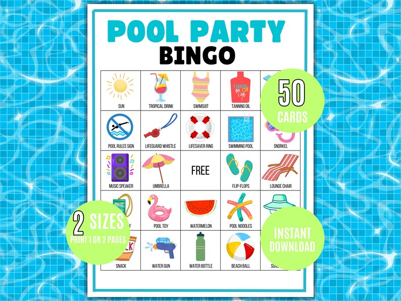Pool Party Bingo Game, 50 Printable Summer Pool Bingo Cards, Kids ...