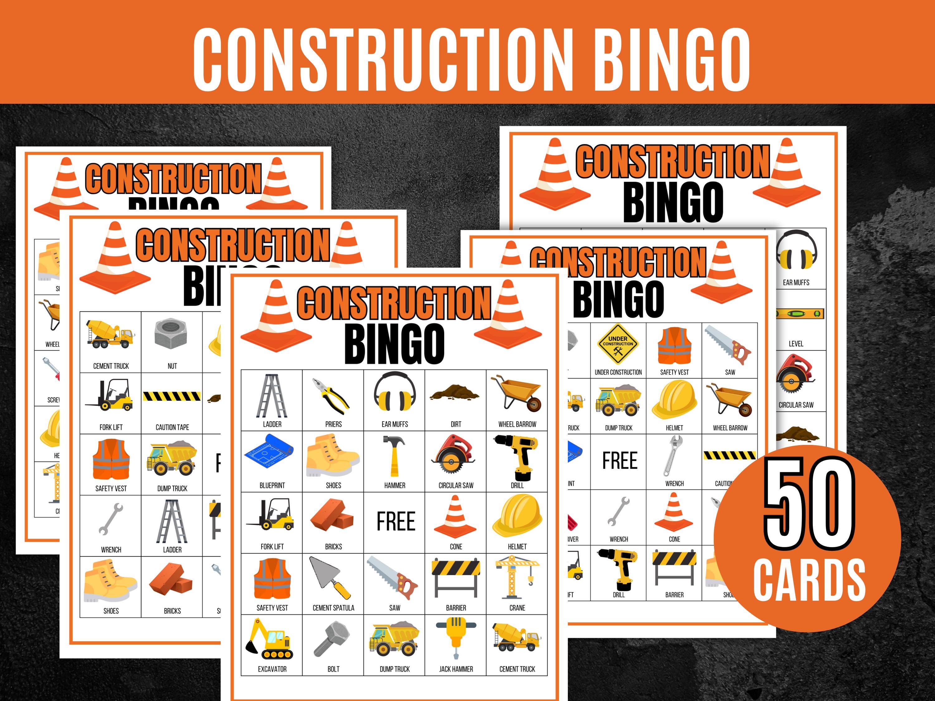 Construction Bingo, 50 Printable Construction Bingo Cards, Construction ...