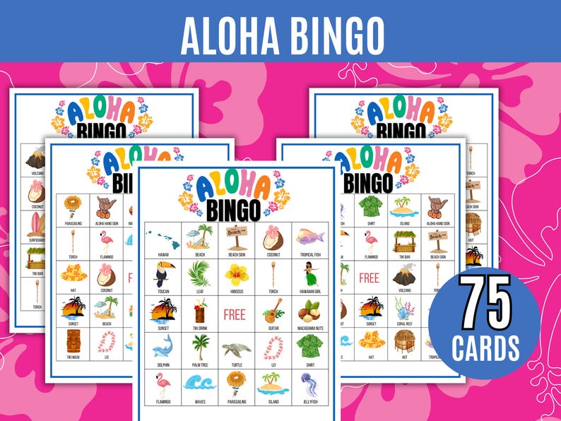 Aloha Bingo, 75 Printable Hawaii Themed Bingo Cards, Luau Themed Kids ...