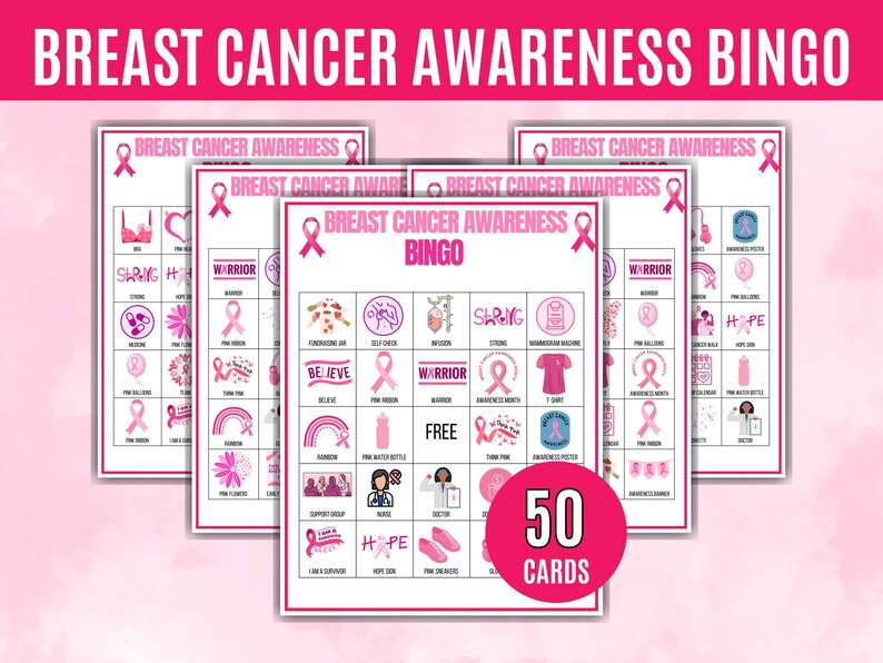 Breast Cancer Awareness Bingo: 50 Printable Pink Ribbon Cards (PDF - Etsy
