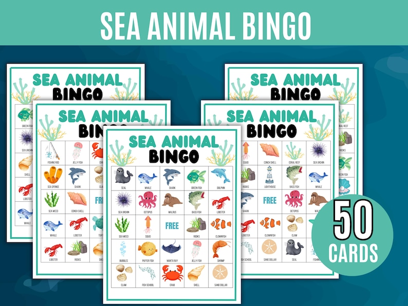 Sea Animal Bingo, 50 Printable Sea Animal Bingo Cards, Sea Animal Party ...