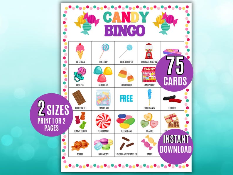 Candy Bingo, 75 Printable Candy Bingo Cards, Sweet Treats Bingo, Candy ...